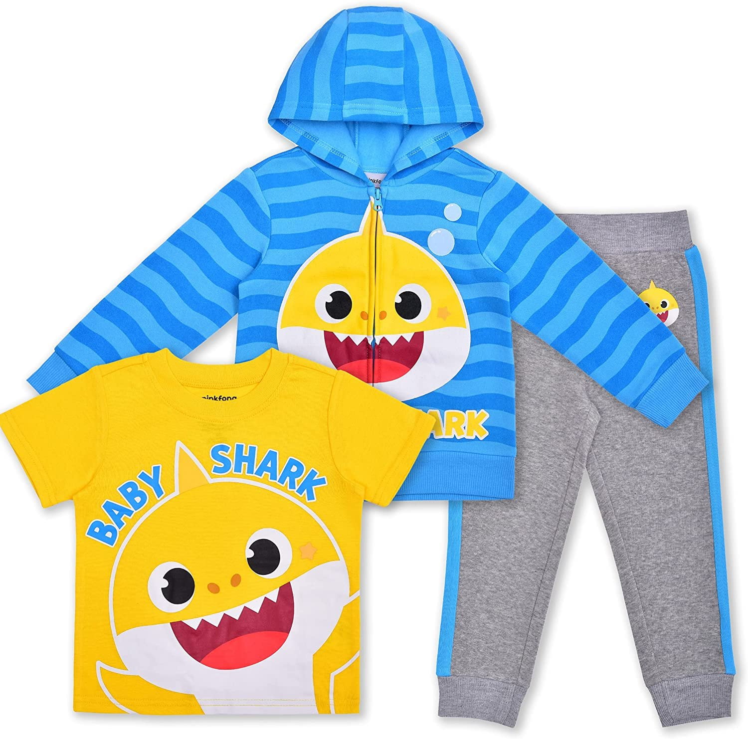Baby Shark Boys 3 Piece Zip Up Hoodie Tee and Jogger Set, Toddler ...