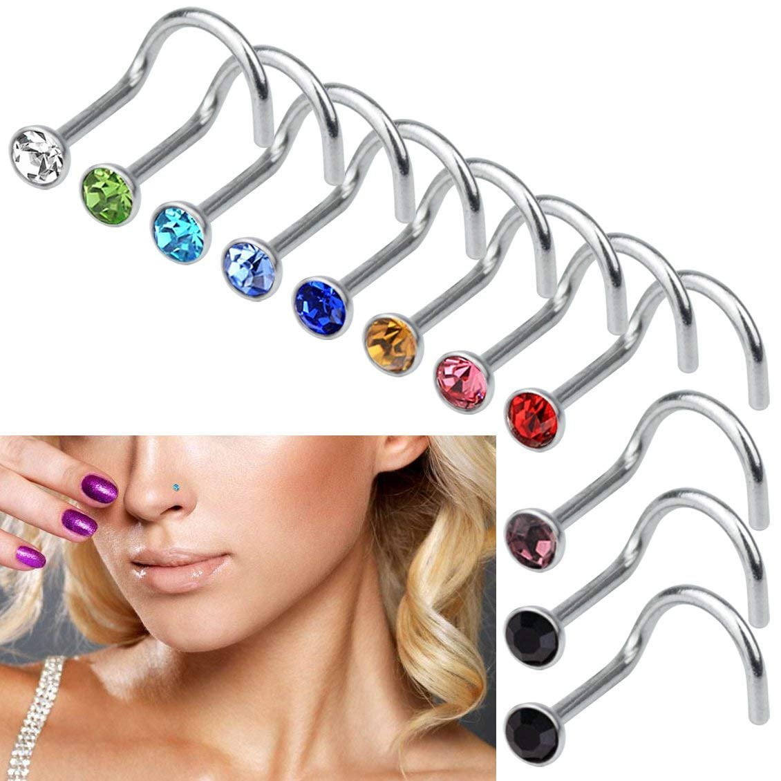 60PCS 20G Surgical Steel Mix Color Diamond CZ Nose Stud Rings Screw ...