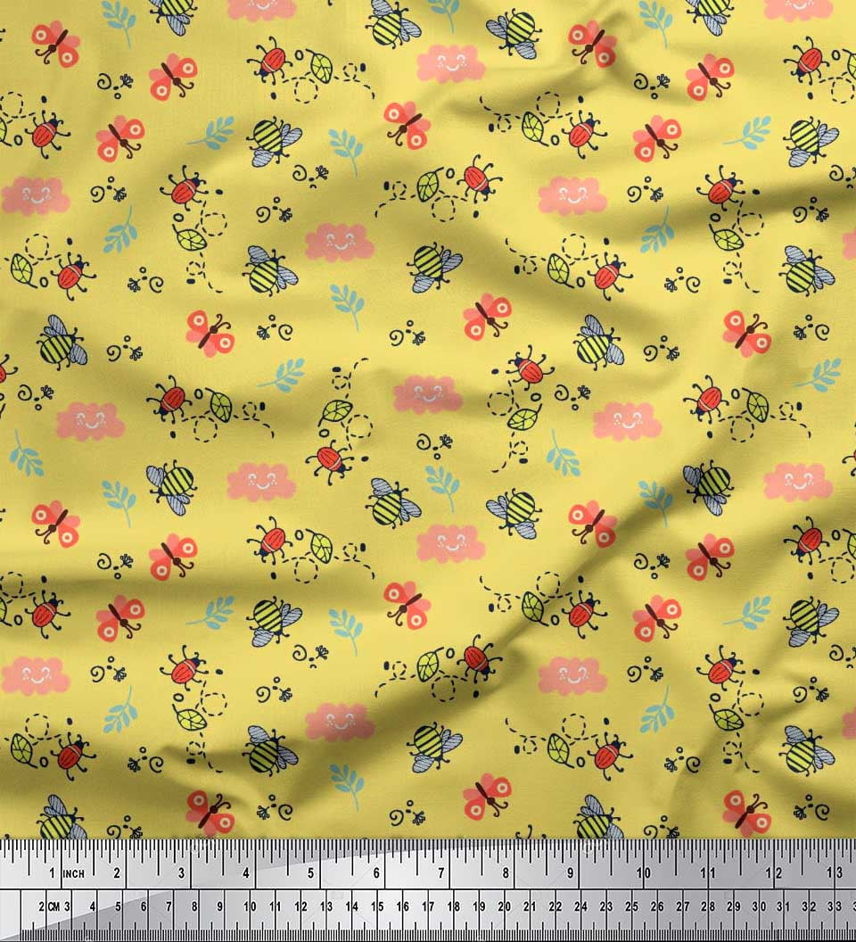 Soimoi Yellow Velvet Fabric Honey Bee & Bettle Bee Insects Print Fabric ...