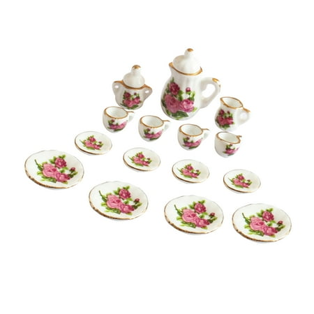 15Pcs 1:12 Miniature Porcelain Tea Set Dish Cup Plate Pot Pink Rose ...
