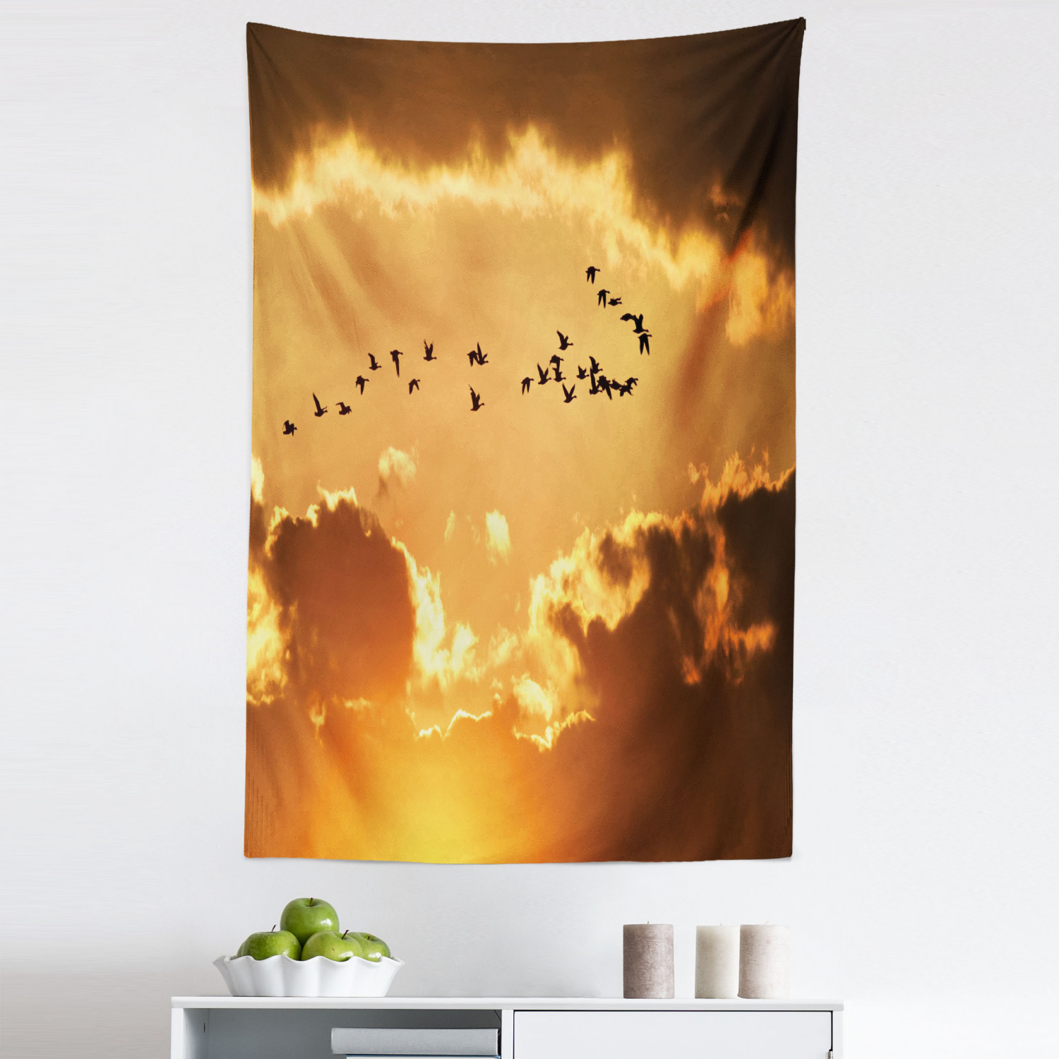 Bird Tapestry, Flock of Migratory Canadian Geese Flyingt Sunset Cloudy ...