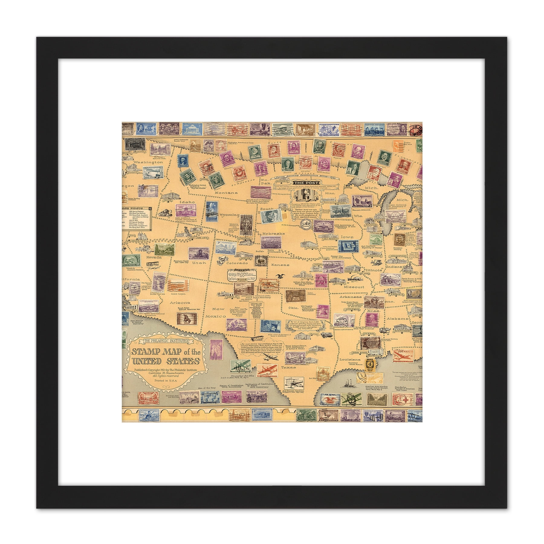 1951 Ernest Dudley Chase Stamp Map United States USA 8X8 Inch Square ...