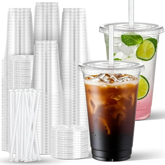 100 Pack 16 oz Clear Plastic Cups with Lids and Straws, Disposable ...