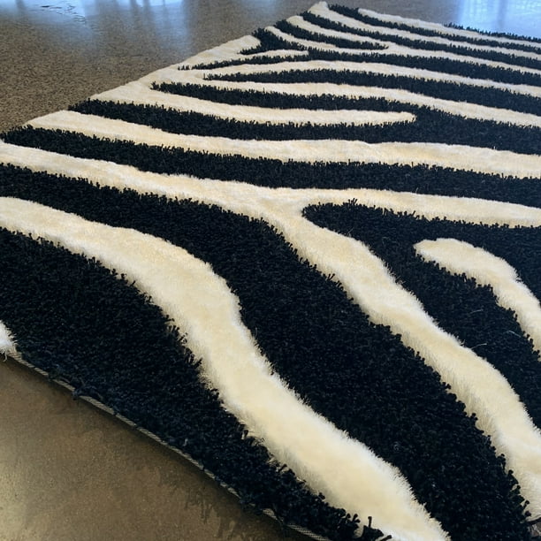 Zebra Animal Print Black & White Shag Long Pile Area Rug/Carpet by ...