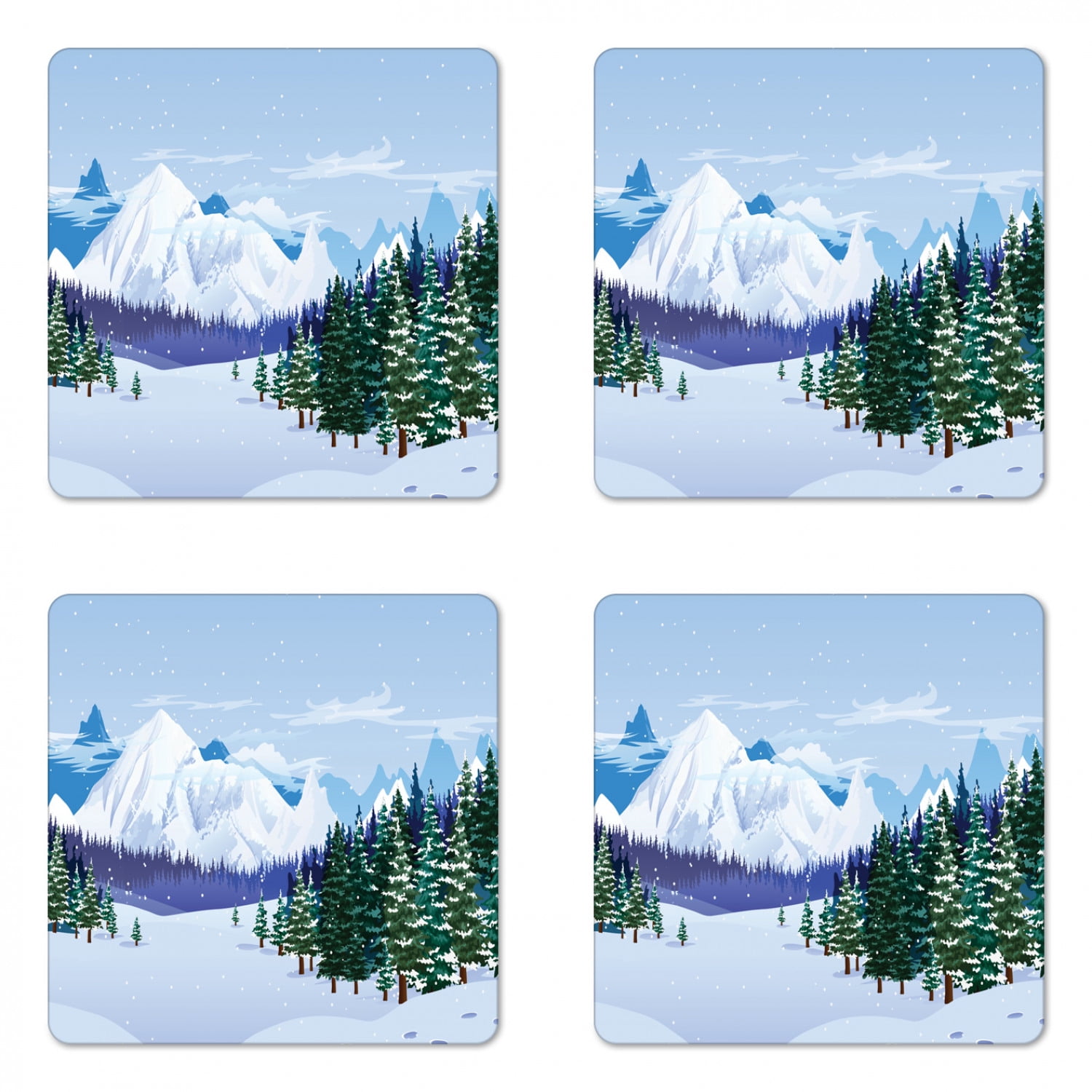 Winter Coaster Set of 4, Graphical Silhouette of a Snowy View with ...
