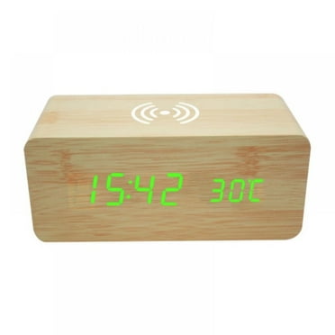 Wooden Wood Alarm Clock Qi Wireless Charging LED Sound Control Time ...