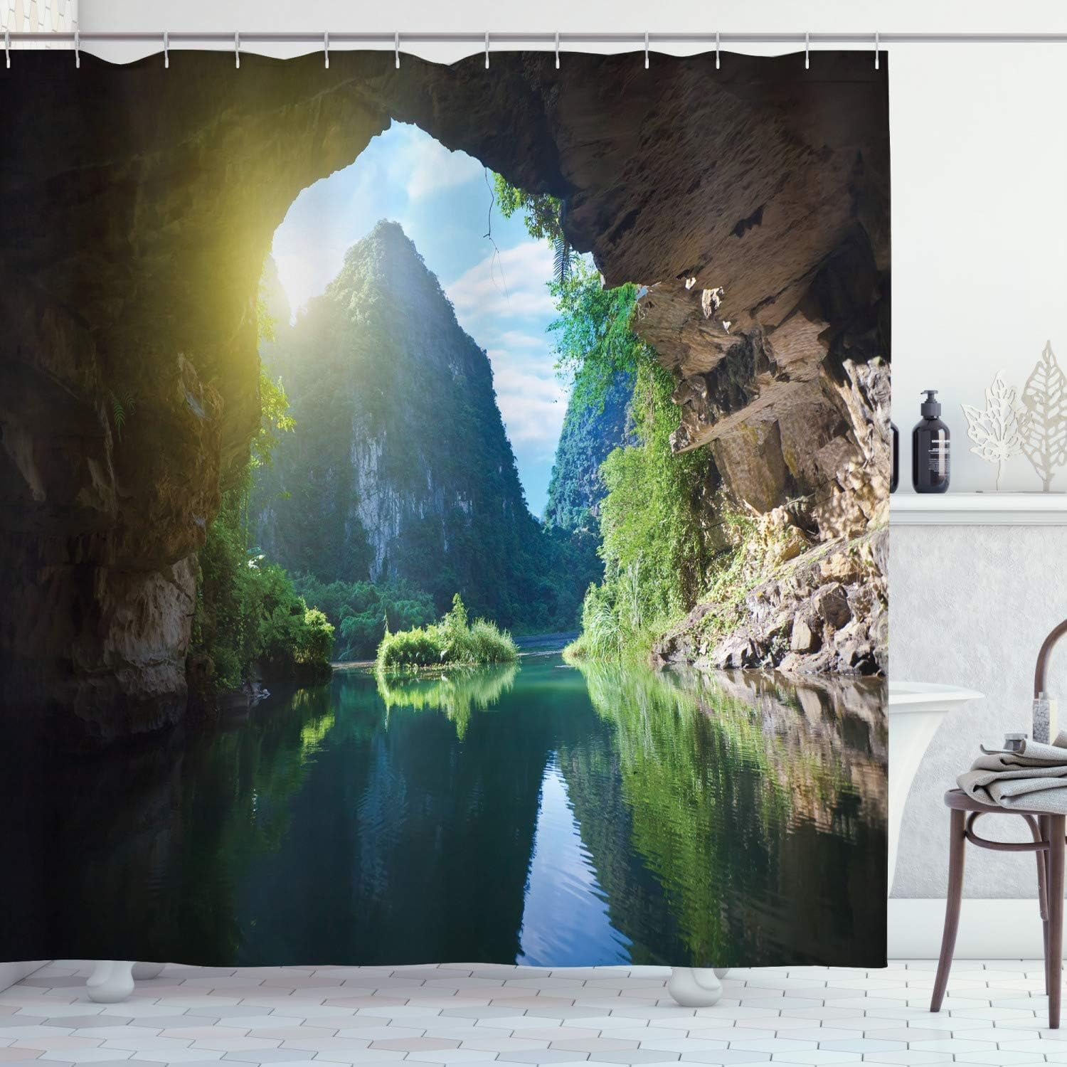 JOOCAR Natural Cave Shower Curtain, Mountain Sky View from The Grotto ...