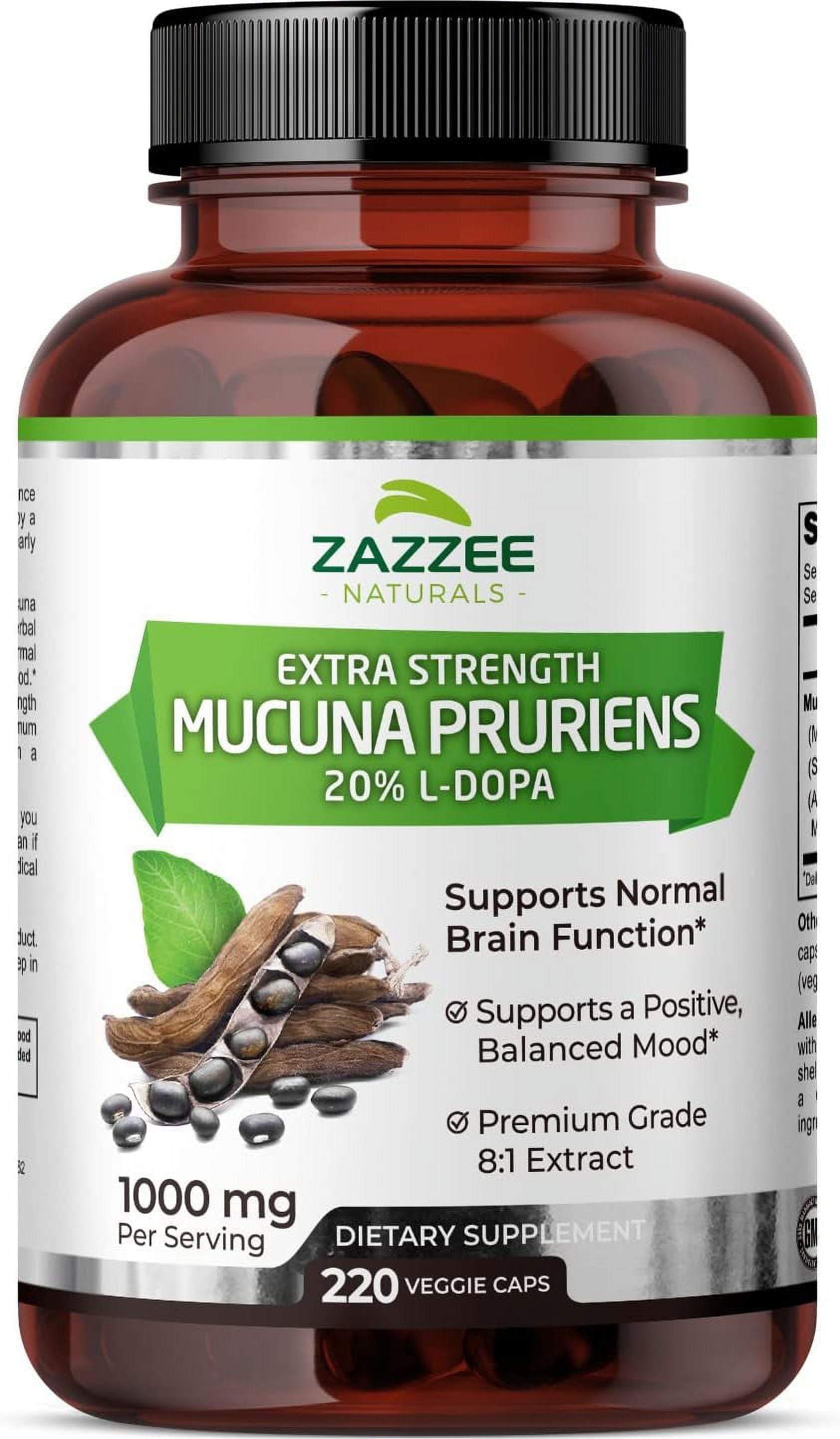 Mucuna Pruriens Zazzee 1000 mg ánimo Concentración 220 Cápsulas Sabor ...