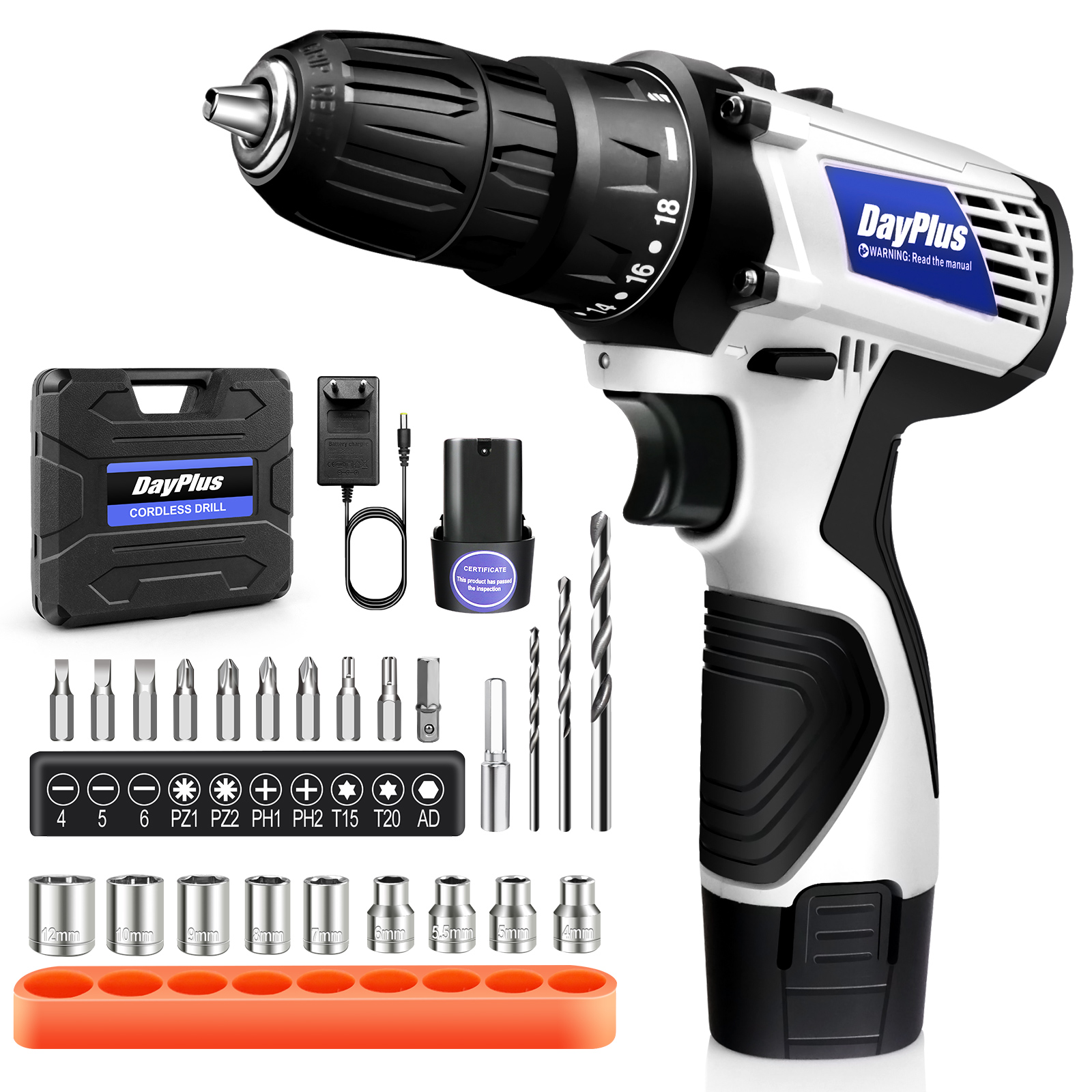 Dayplus Cordless Drill 12V Driver Screwdriver 23pc Set 2x Li-Ion ...