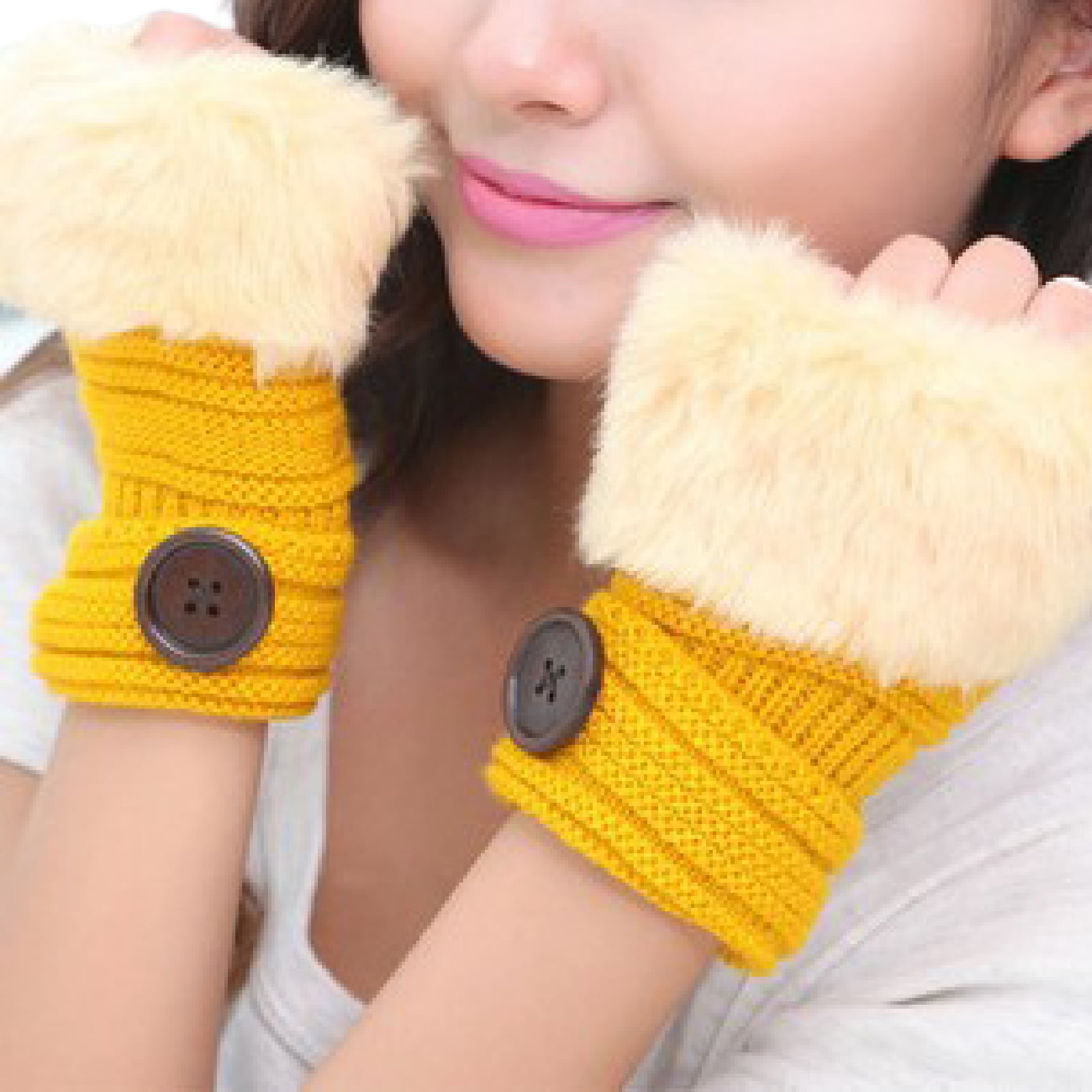1 Pair Women Gloves Solid Color Warm Autumn Winter Knitted Wrist Length ...