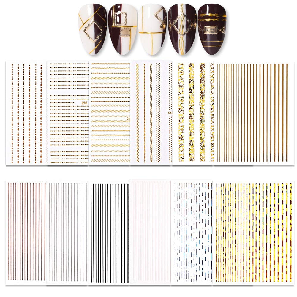 12 Sheets 3D Metallic Nail Stickers for Women Gold Silver Nail Decals ...