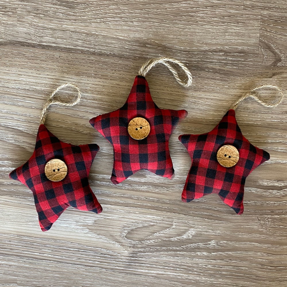 Red & Black Mini Buffalo Plaid Homespun Fabric Star Christmas Ornaments ...