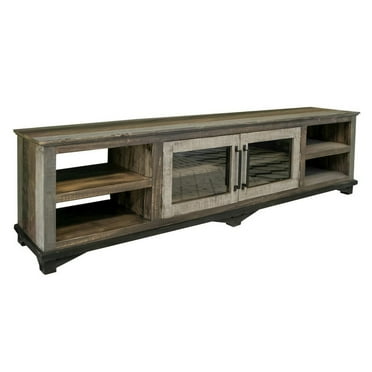 70 in. Blue & White Solid Wood Open Shelving Distressed TV Stand ...