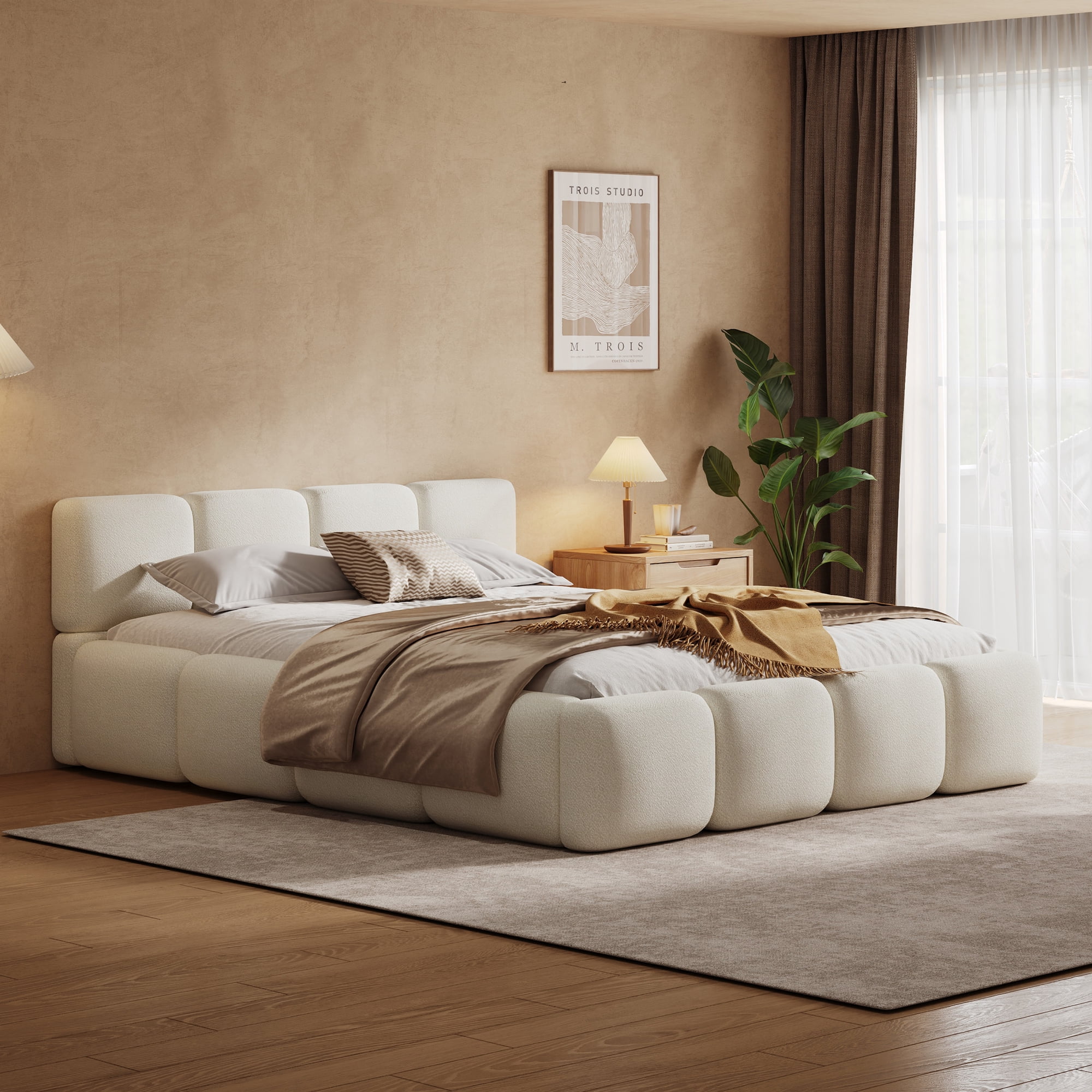 Christopher Knight Home Minimalist Queen Platform Bed  Tufted Boucle Upholstered Headboard  White