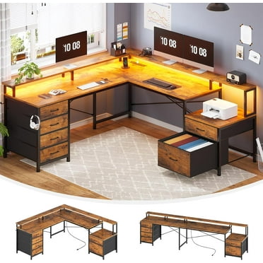 Homieasy 60 Inch L Shaped Desk with Power Outlet, LED Lights, Drawers ...