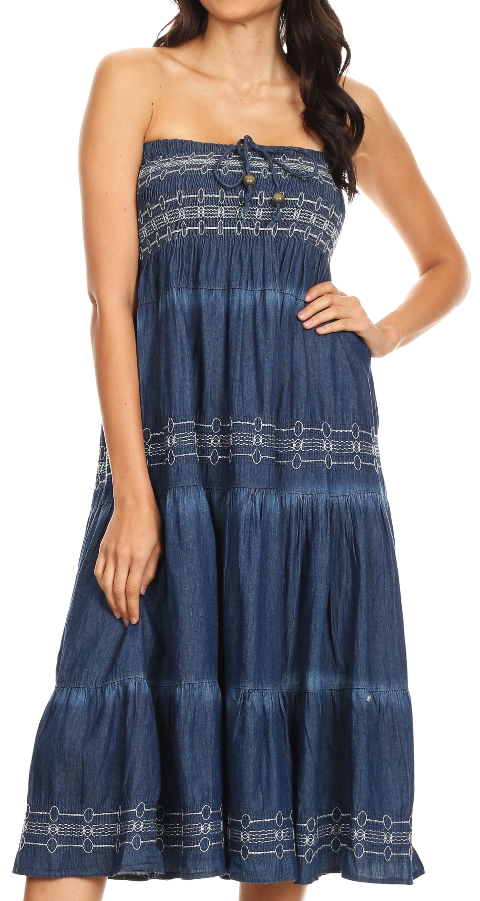 Sakkas Eva Womens Denim Strapless Tube Top Smock Short Sleeveless Dress ...