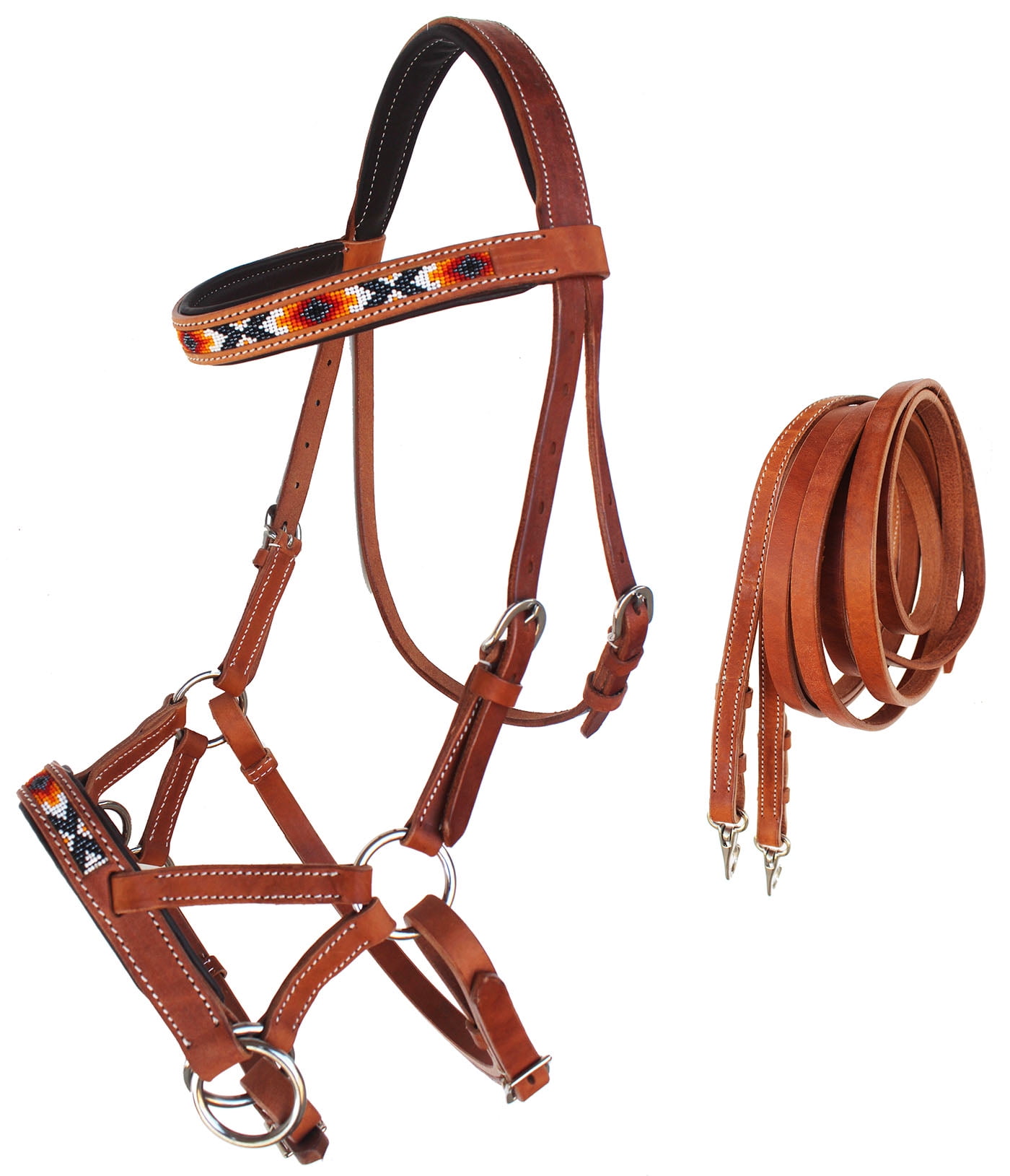 Horse Western Padded Leather Beaded Bitless Sidepull Bridle 77RT20TN-F ...