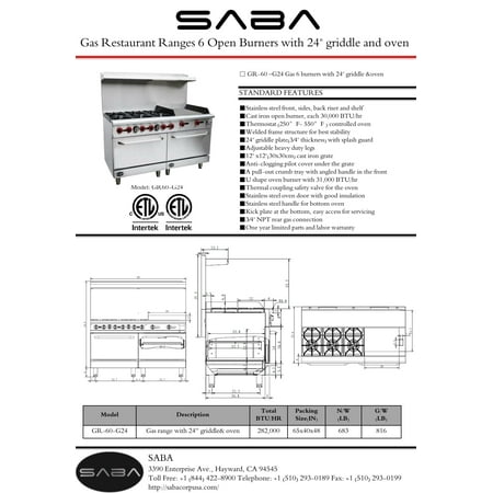 Heavy Duty Commercial 60" 6 Burner Gas Range with Oven & Griddle ...