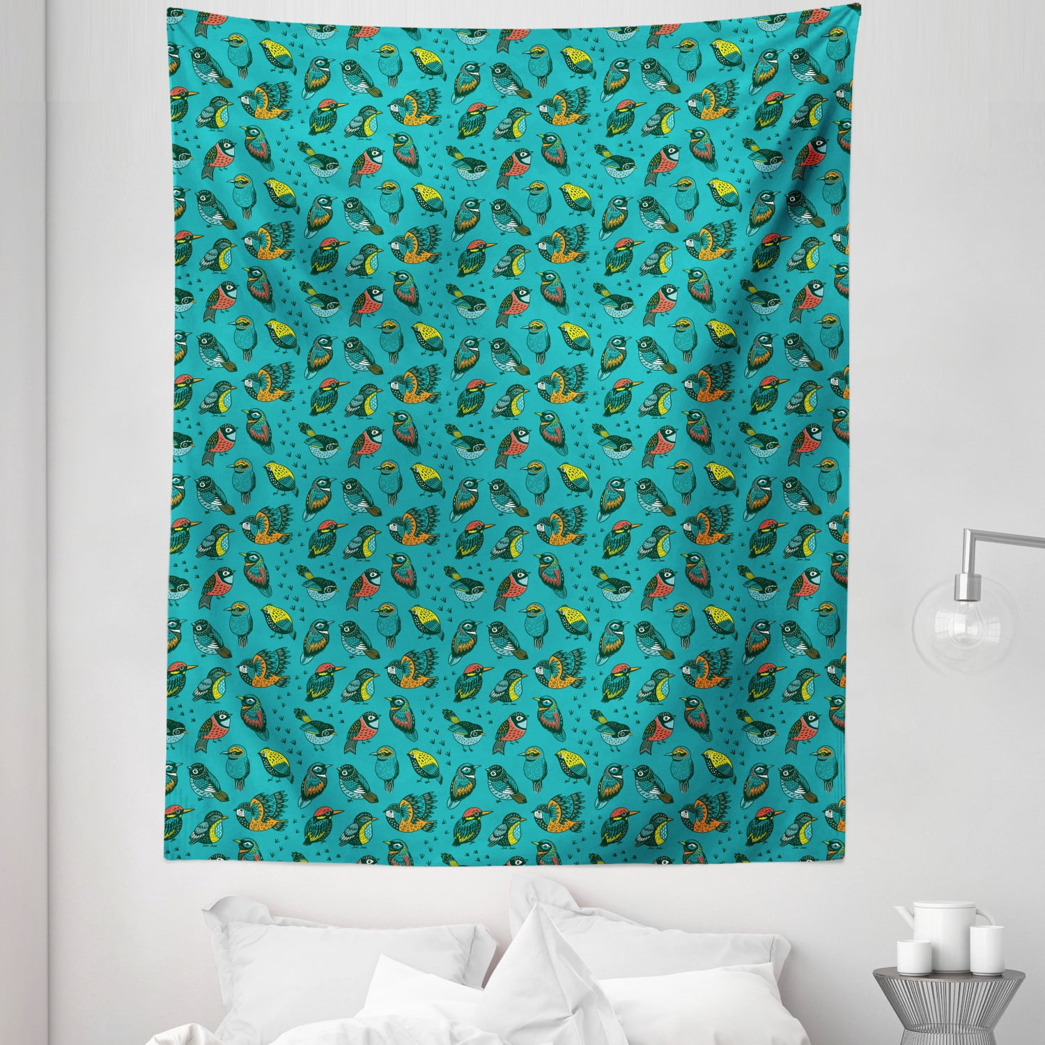 Birds Tapestry, Roosting Eastern Sparrow and Flying American Goldfinch ...
