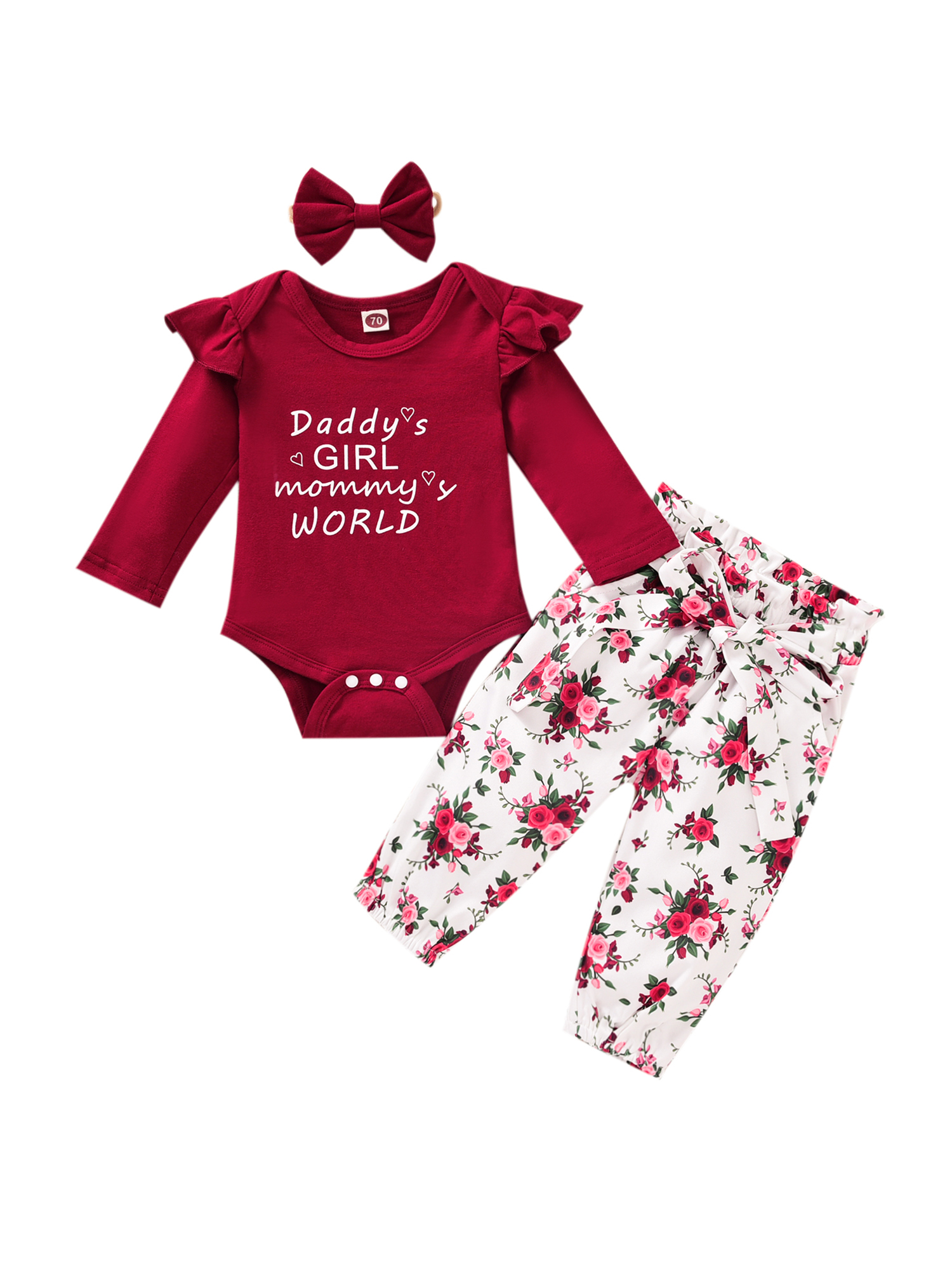 Frobukio 3Pcs Spring Newborn Baby Girls Letter Romper Tops Floral Pants