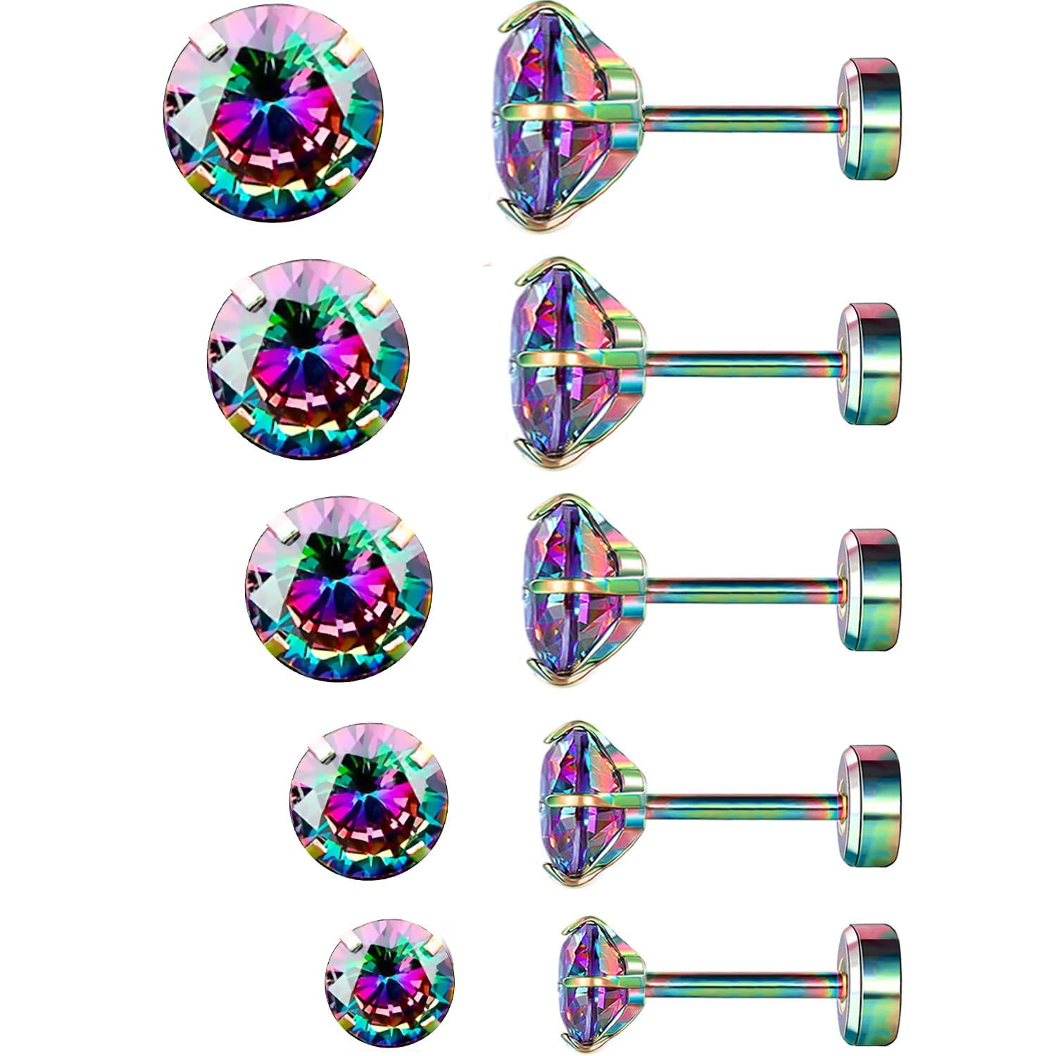 Titanium Screw Flat Back Pack of Earrings Rainbow Cubic Zirconia ...