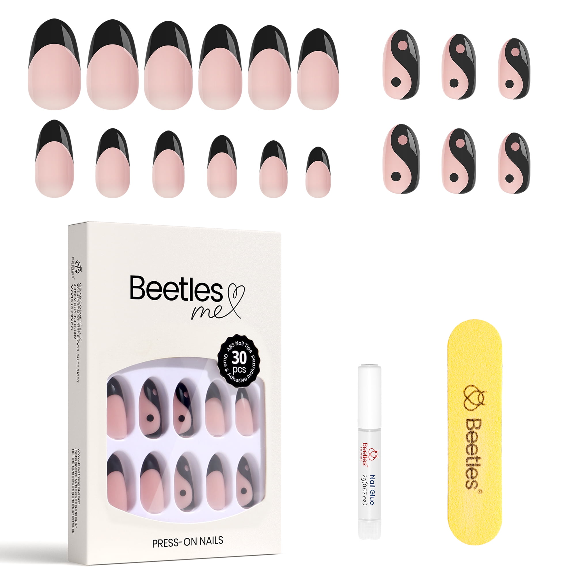 Beetles Press On Nails, Classic French Nails 30PCS Full Cover Black ...