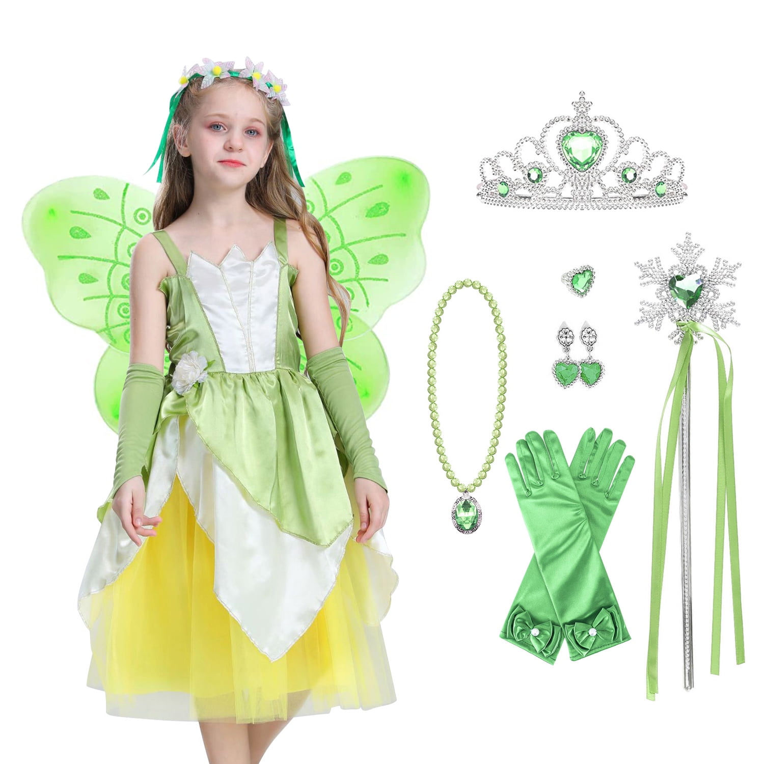 KAWELL Girls Green Halloween Costume Fairy Tale Princess Dress with ...