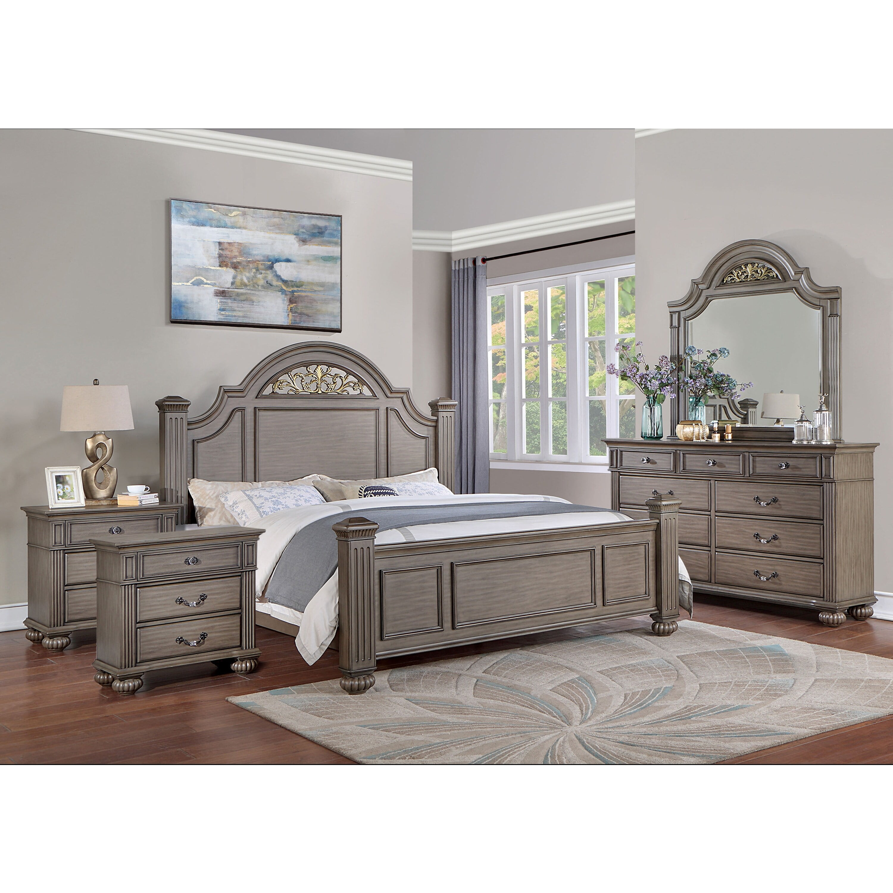 Furniture of America Vame Traditional Grey Wood 5-Piece Poster Bedroom ...
