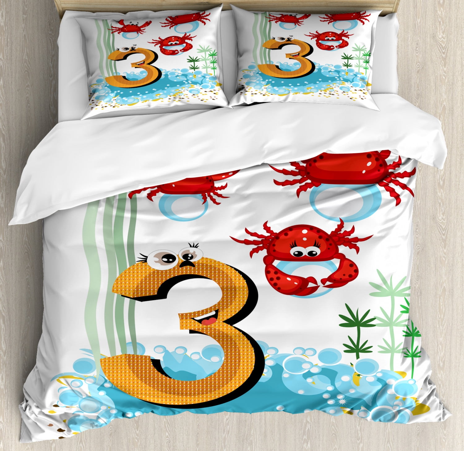Number Queen Size Duvet Cover Set, Sea Animals Crabs Coral Reef Happy ...