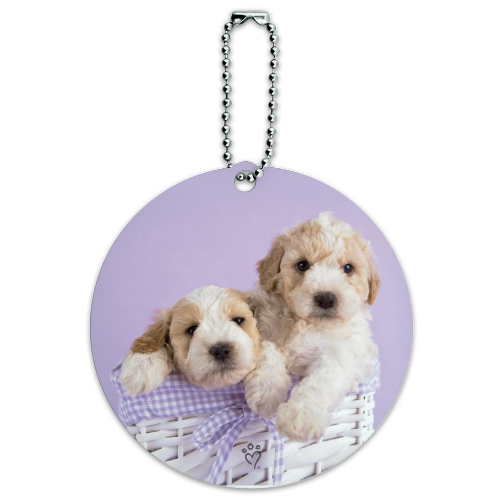 Spoodle Cockapoo Puppies Dogs Wicker Basket Round Luggage ID Tag Card ...