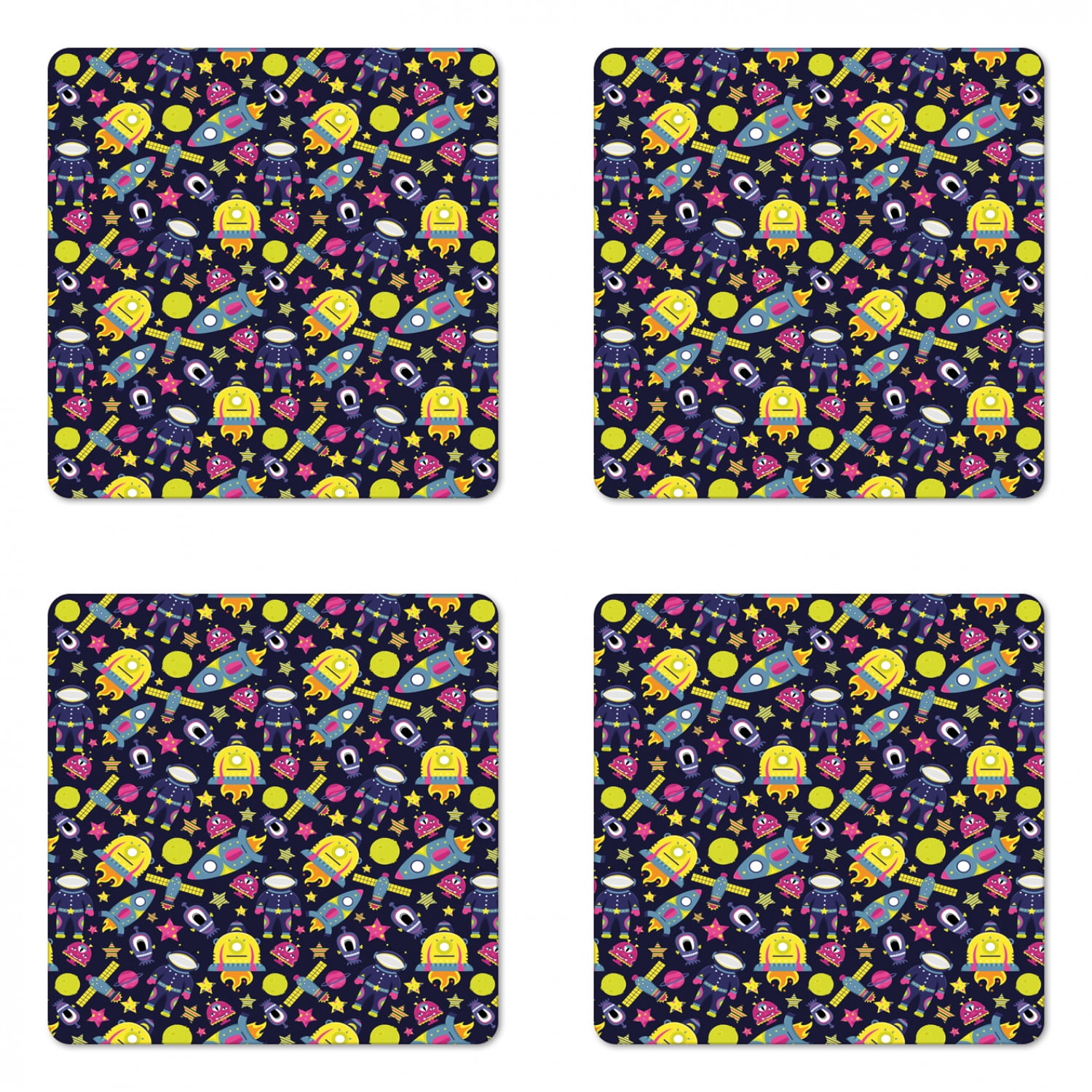 Alien Coaster Set of 4, Vibrant Concept of Spaceships Planets ...