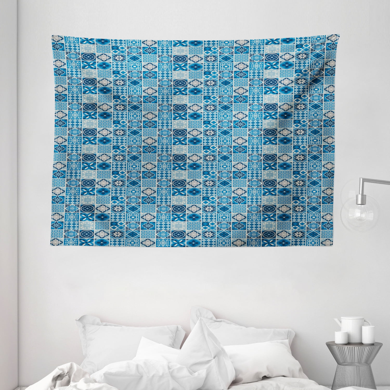 Navy Blue Tapestry, Grid Style Squares with Ornamental Floral and ...