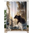 Bear Fishing Shower Curtain, Forest Stream Animals Sunset Waterproof ...
