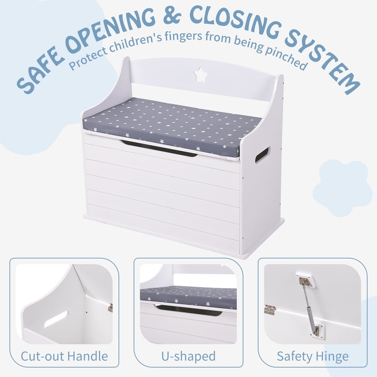 Toy Box With Cushion Seat Kids - Large White Storage Bench With Safety ...