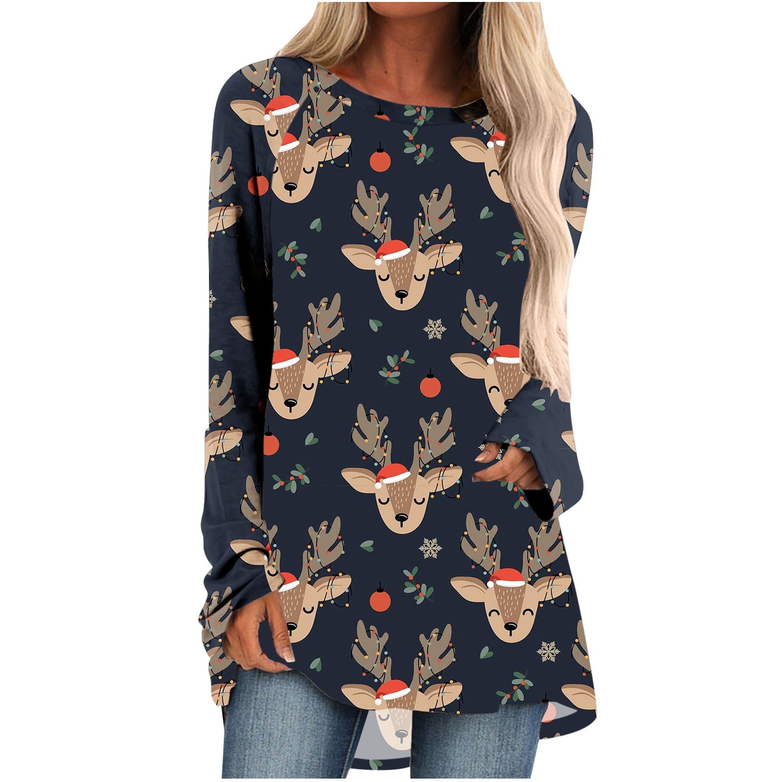 Women's Christmas O-Neck Tunic Tops Loose Plus Size Long Sleeve High ...