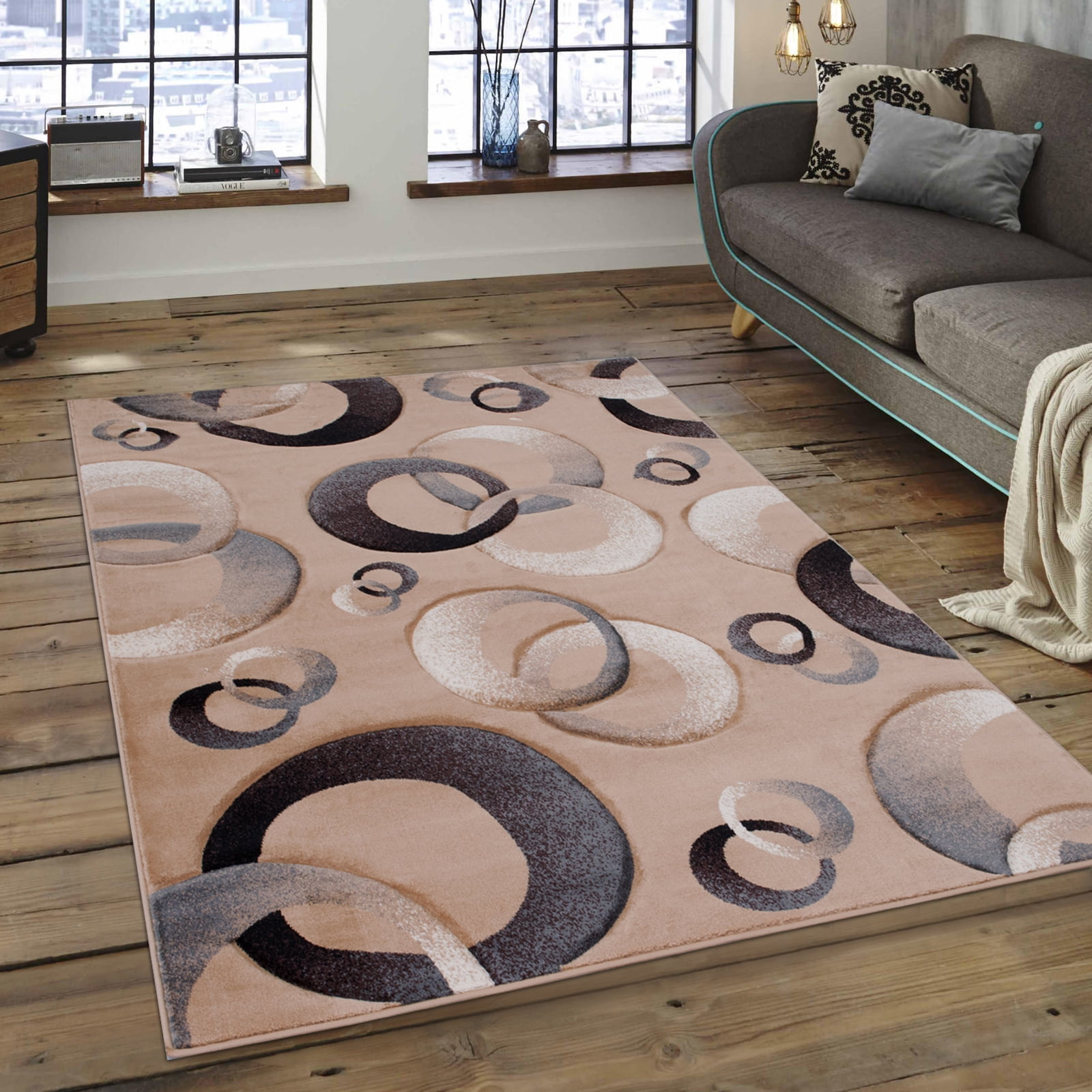 Allstar Brown / Beige Woven Hand Carved Contemporary. Modern Circles ...