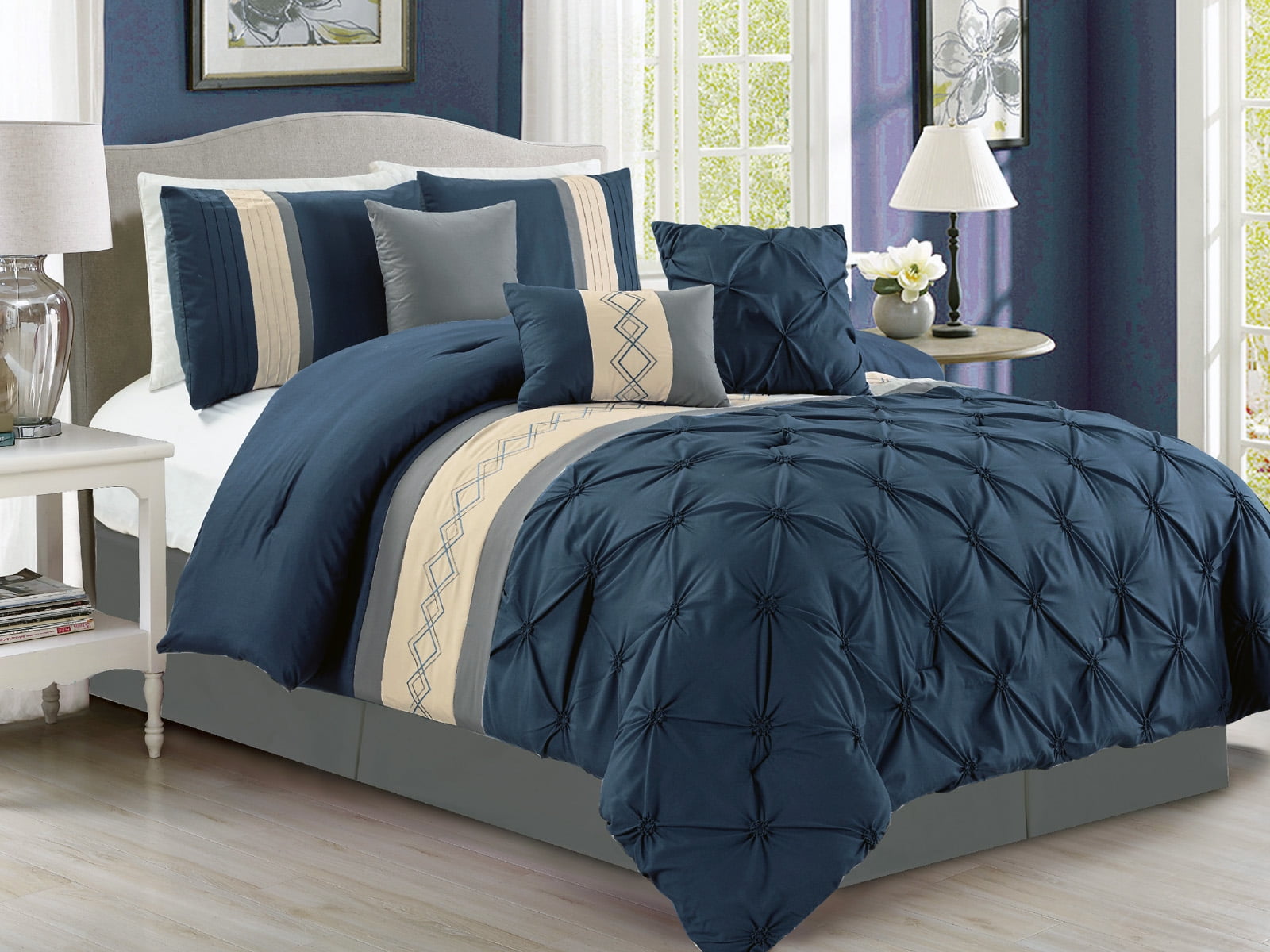 7 Pc Ruched Diamond Pinched Floral Embroidery Comforter Set Navy Blue