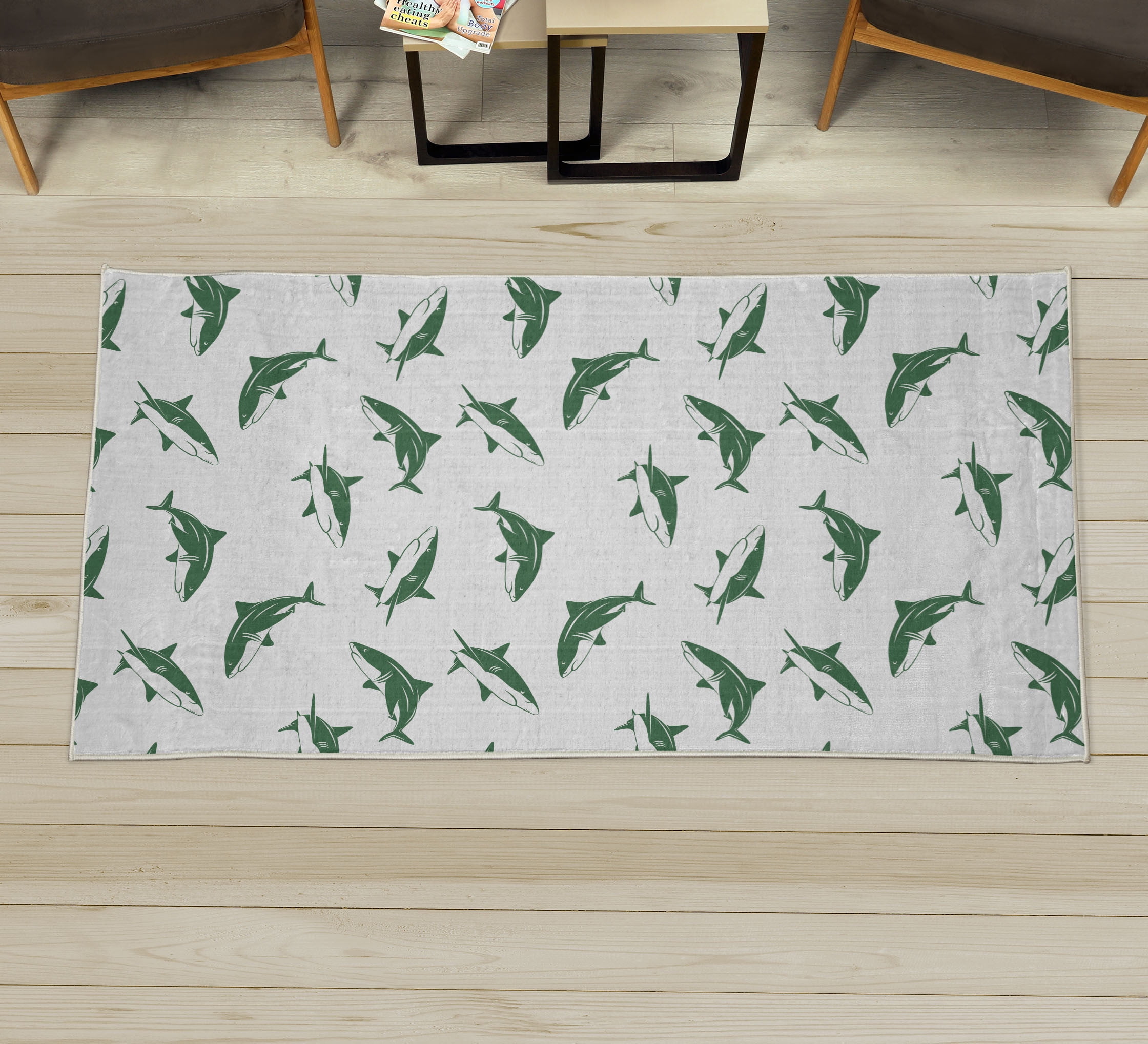 Sea Animals Decorative Rug, Repeated Cartoon Sharks Swimming to ...