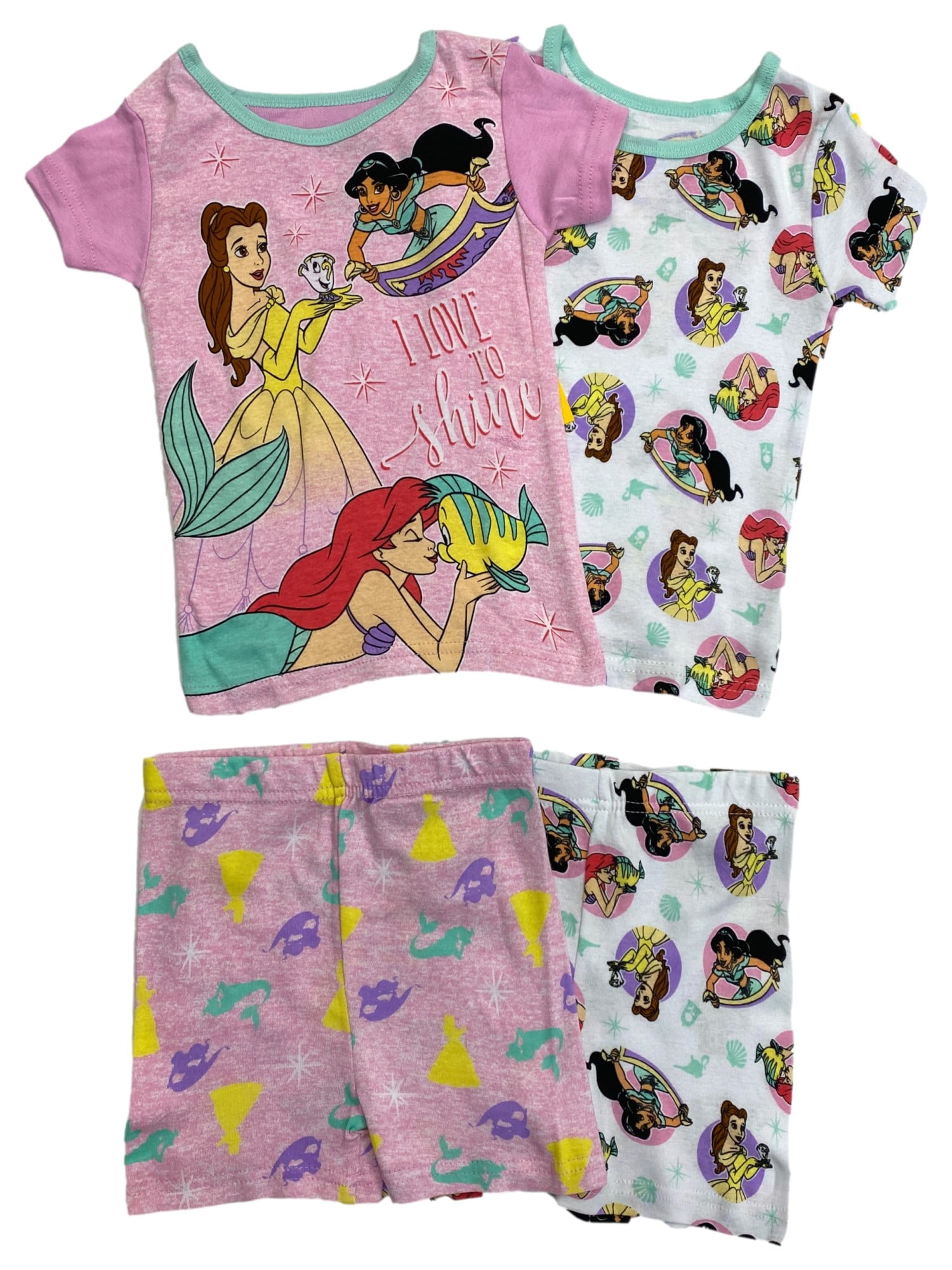 Disney Princess Girls 4pc Pajamas Pink Tee Shirt & Shorts Sleep Set 4 ...