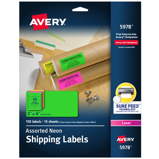 Avery 2"x4" Neon Shipping Labels, Sure Feed, 150 Labels (5978 ...