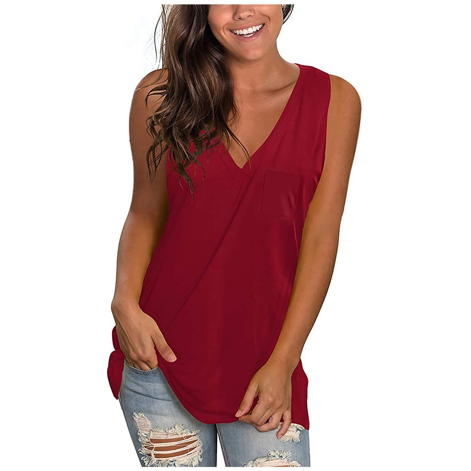 Women's Wide Straps Tank Solid Color V-Neck Pocket Sleeveness Tops ...