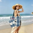 Blue and Beige Wide Plaids Beach Bag Travel Tote Bag Reusable Shopping ...