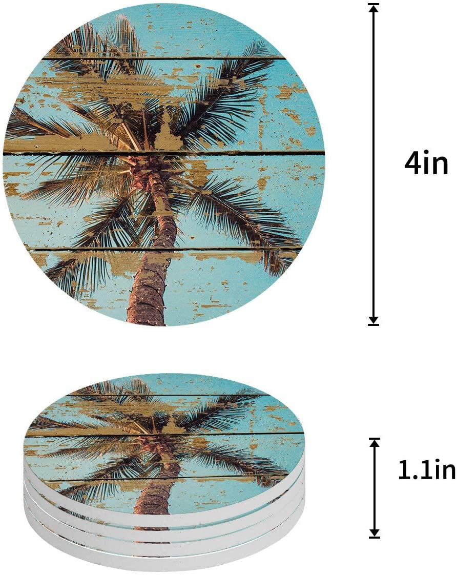 ZHANZZK Tropical Palm Tree on Wooden Plank Set of 4 Round Coaster for ...