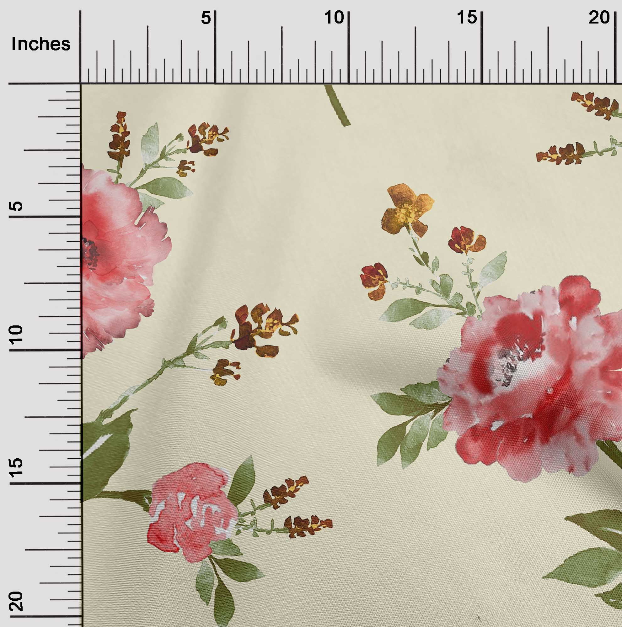 oneOone Organic Cotton Voile Fabric Watercolor Leaves & Peony Floral ...