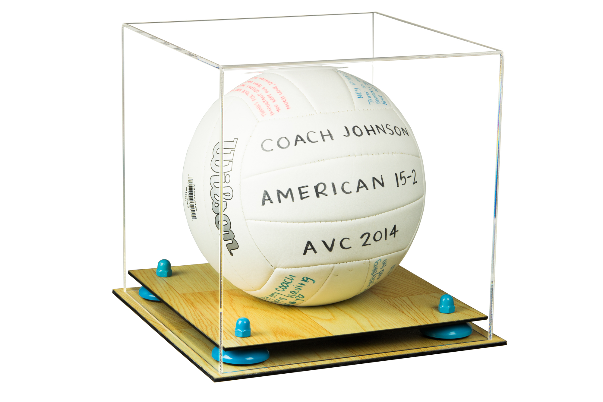 Deluxe Clear Acrylic Volleyball Display Case with Blue Risers and Wood ...