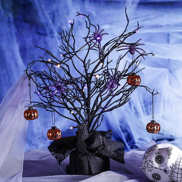 20 Inch Pre-Lit Black Halloween Tree with Pumpkins Spider Ornaments for ...