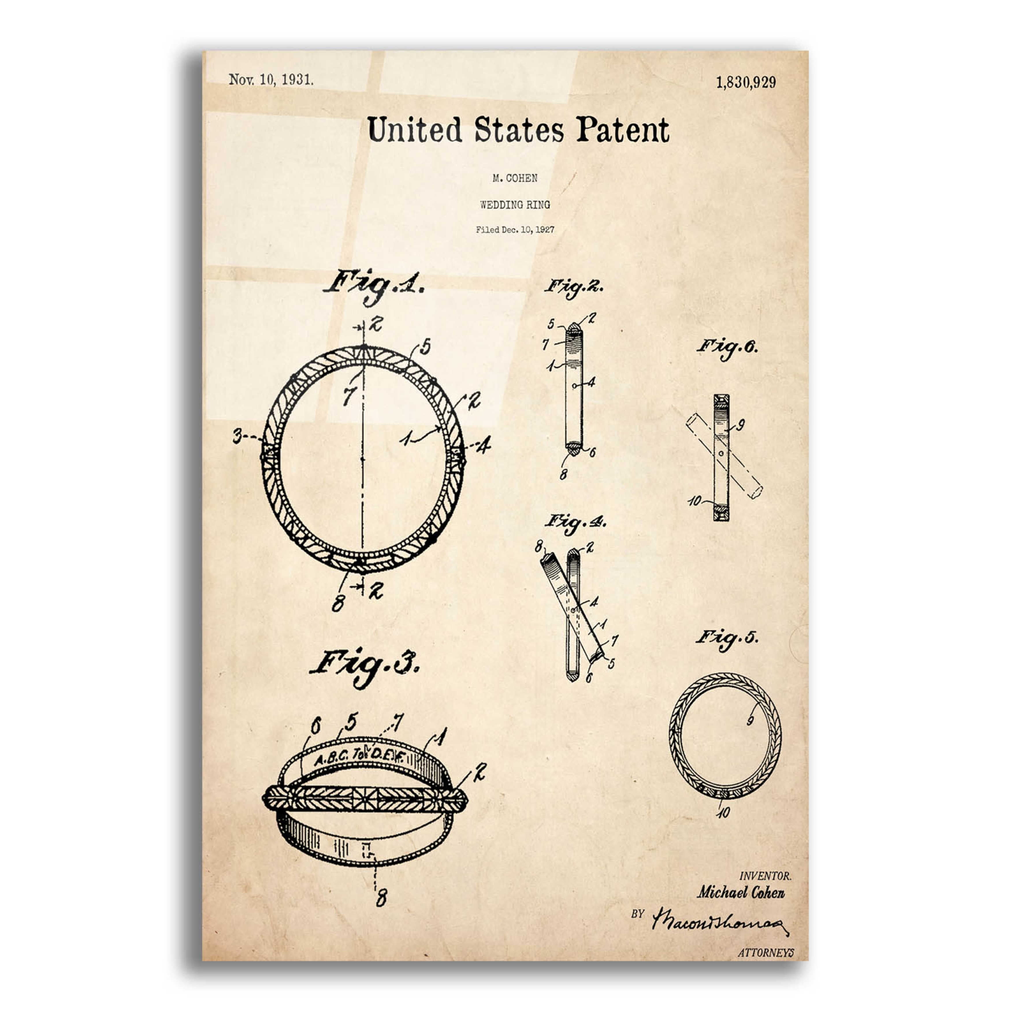 Epic Art 'Wedding Ring Blueprint Patent Parchment,' Acrylic Glass Wall ...