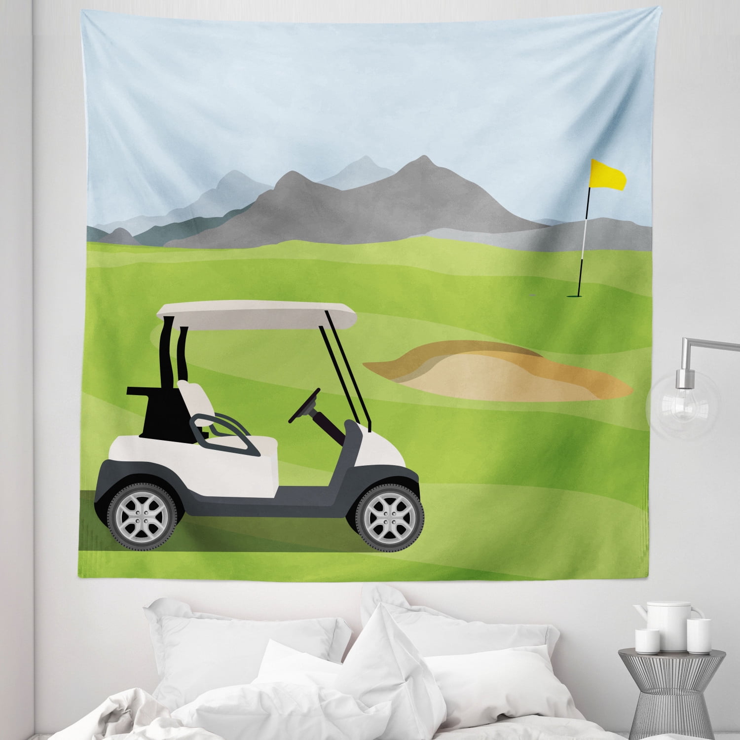 Golf Course Scene Tapestry, Cartoon Landscape with Car Field Mountains ...