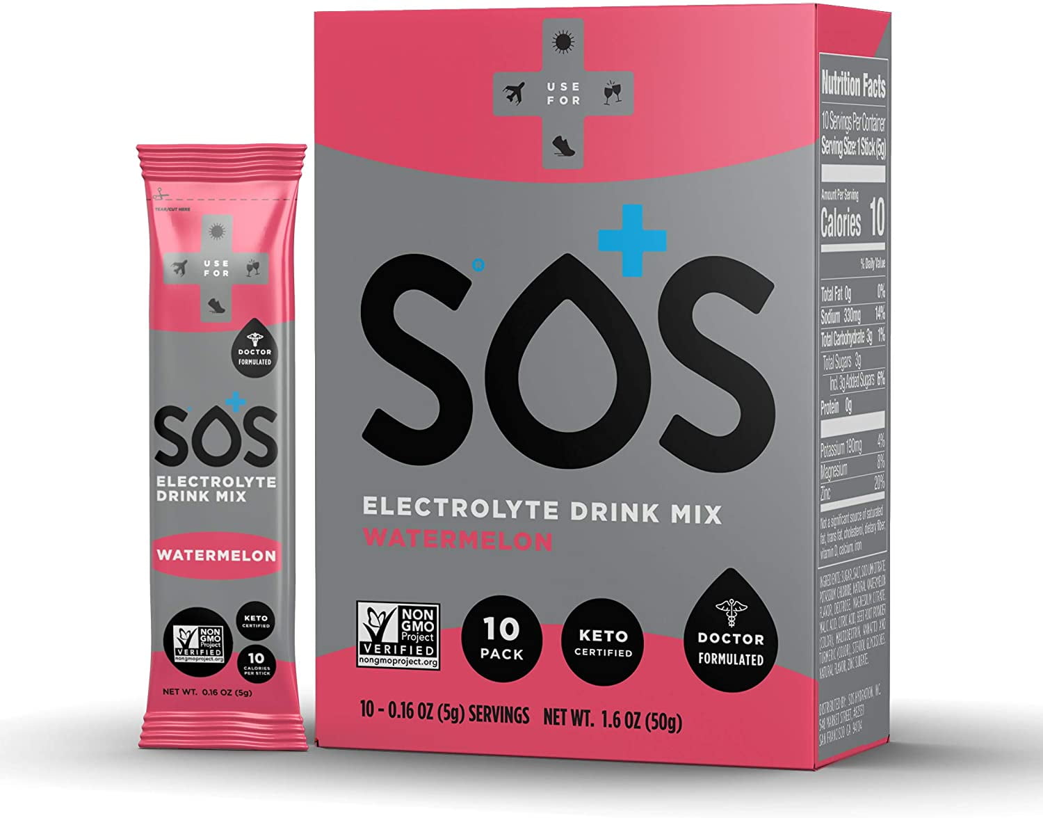 SOS Hydration Electrolyte Drink Mix - 10 Stick Packet Servings ...