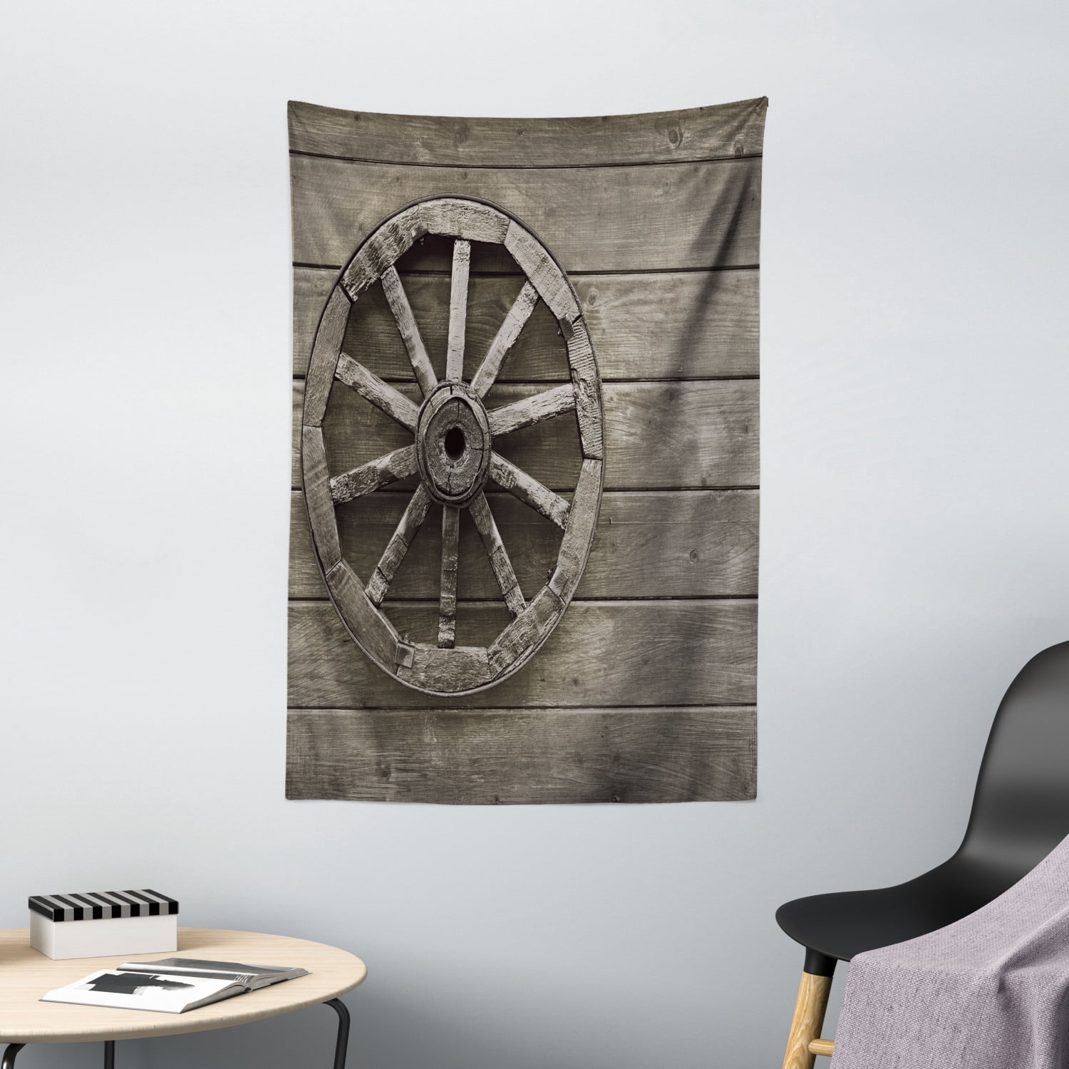 Barn Wood Wagon Wheel Tapestry, Antique Aged Carriage Vehicle Wheel on ...